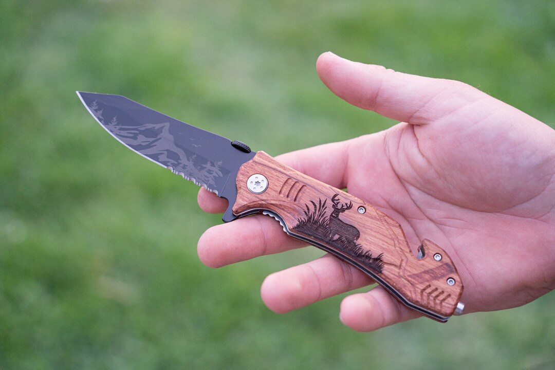 Deer & Mountain Engraved Rescue Knife: Stainless Steel Blade, Glass ...