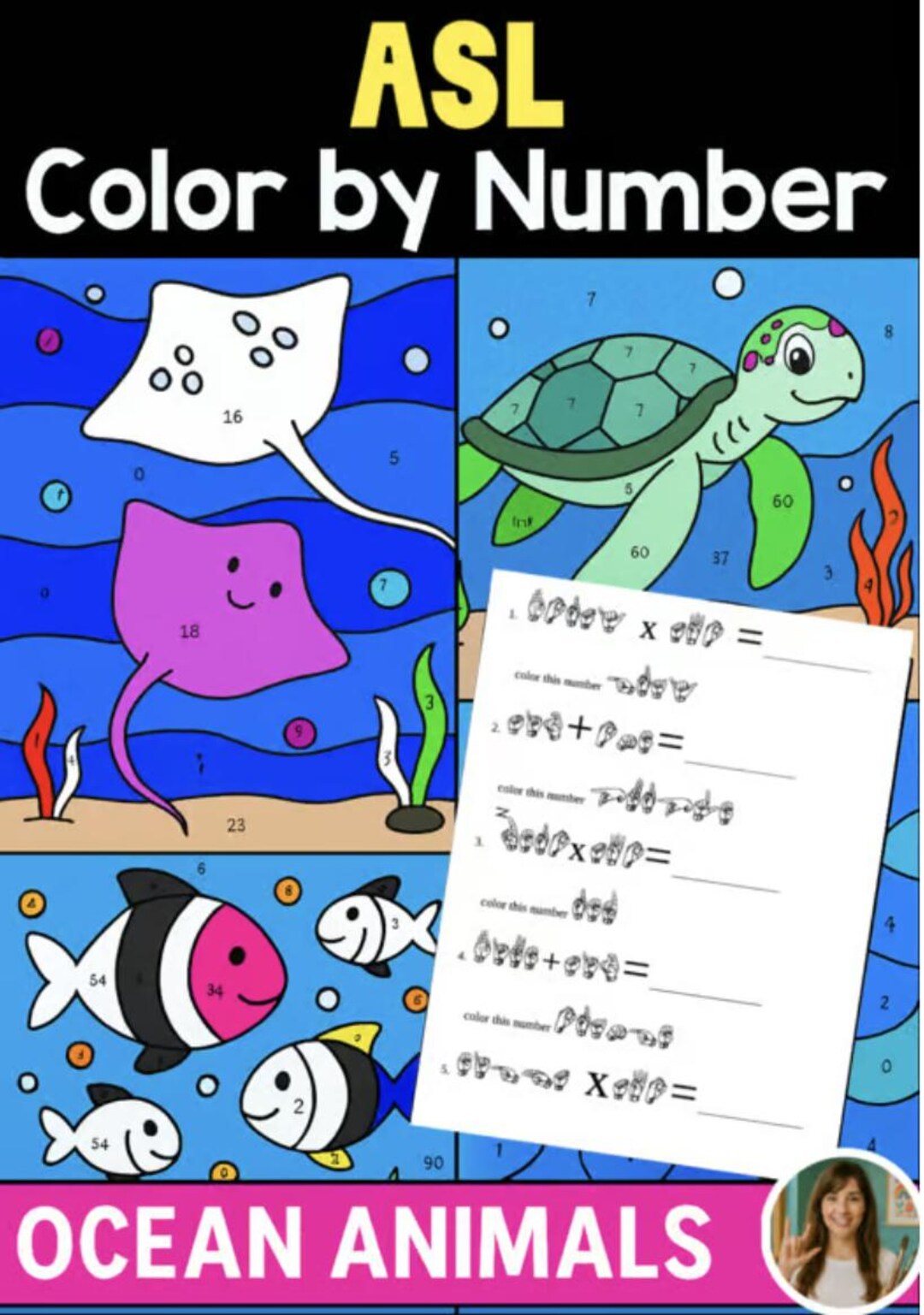 ASL Ocean Animals Color by Number Worksheets | American Sign Language ...