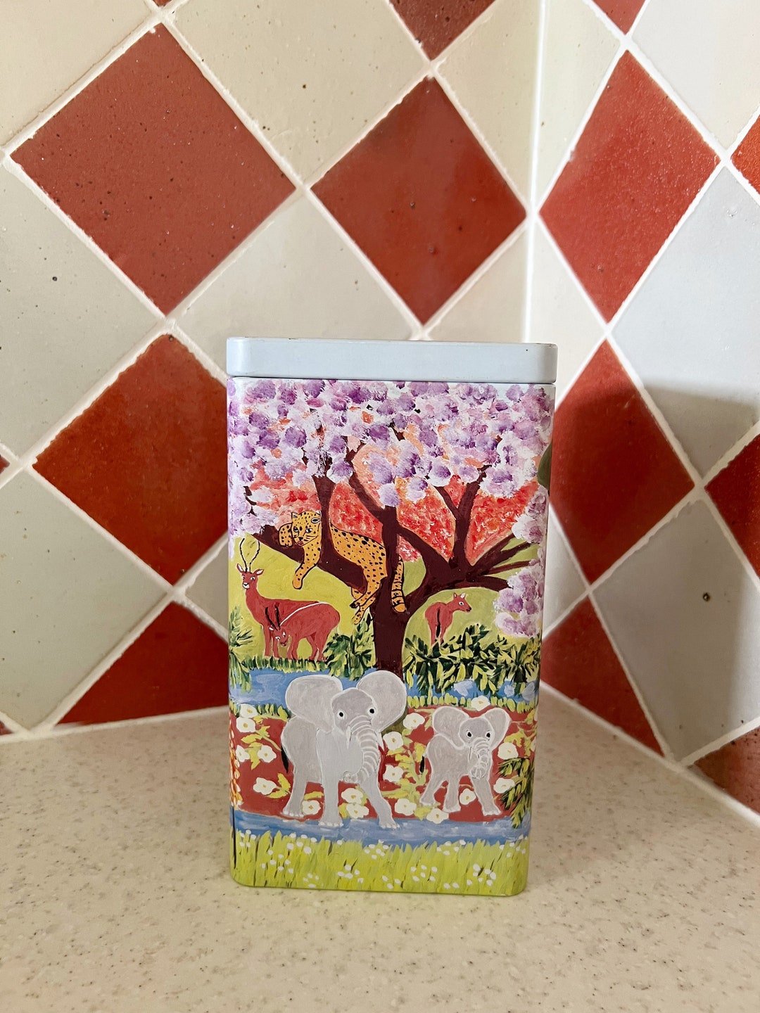 Vintage Rustic Colourful Safari African Animal Art Tin Metal Container ...