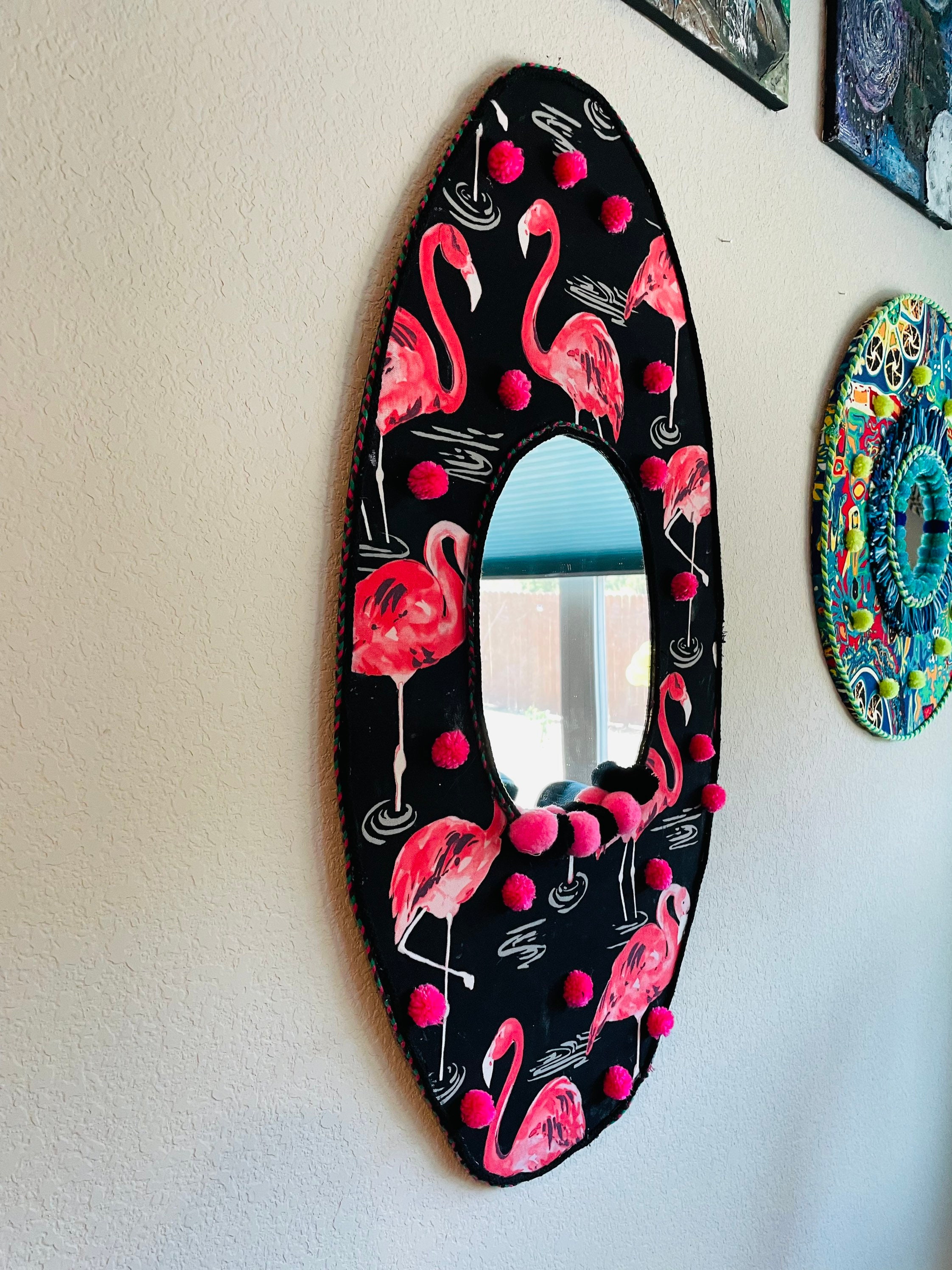 Handmade Fabric Decoupaged Flamingo Mirror on Wooden Oval Board . Girl ...