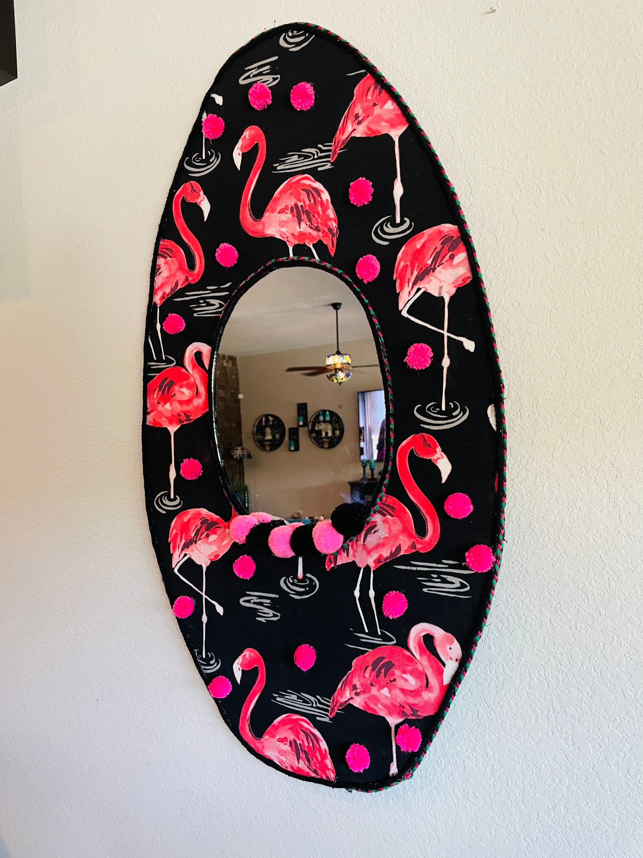 Handmade Fabric Decoupaged Flamingo Mirror on Wooden Oval Board . Girl ...