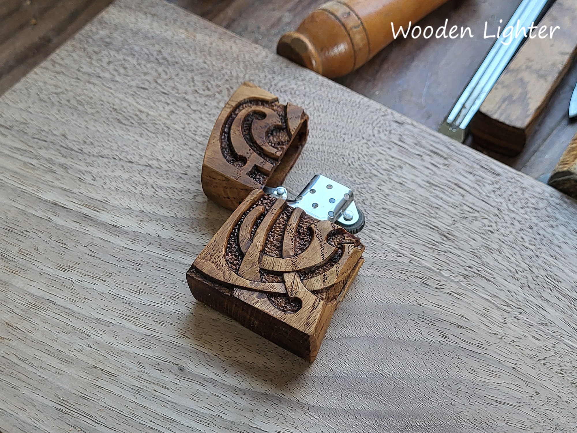 Hand Carved . Pocket Lighter . Solid Oak. Mahogany Gift Box - Etsy