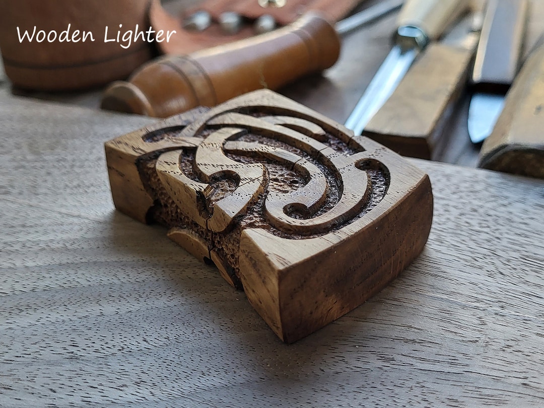 Hand Carved . Pocket Lighter . Solid Oak. Mahogany Gift Box - Etsy