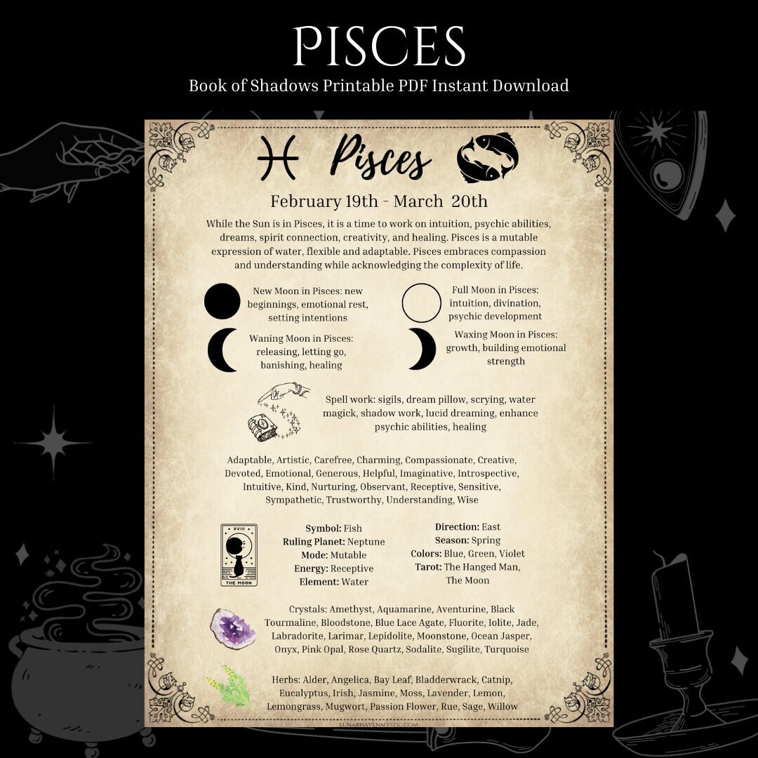 Pisces Book of Shadows Page Printable, Grimoire Pages, Witchcraft ...