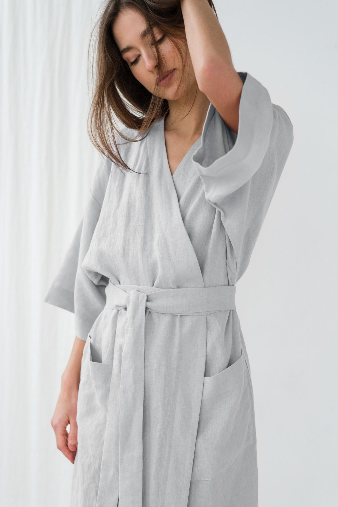Ice Grey Kimono Robe - Linen Robe Dress - Linen Loungewear - Linen Bath ...