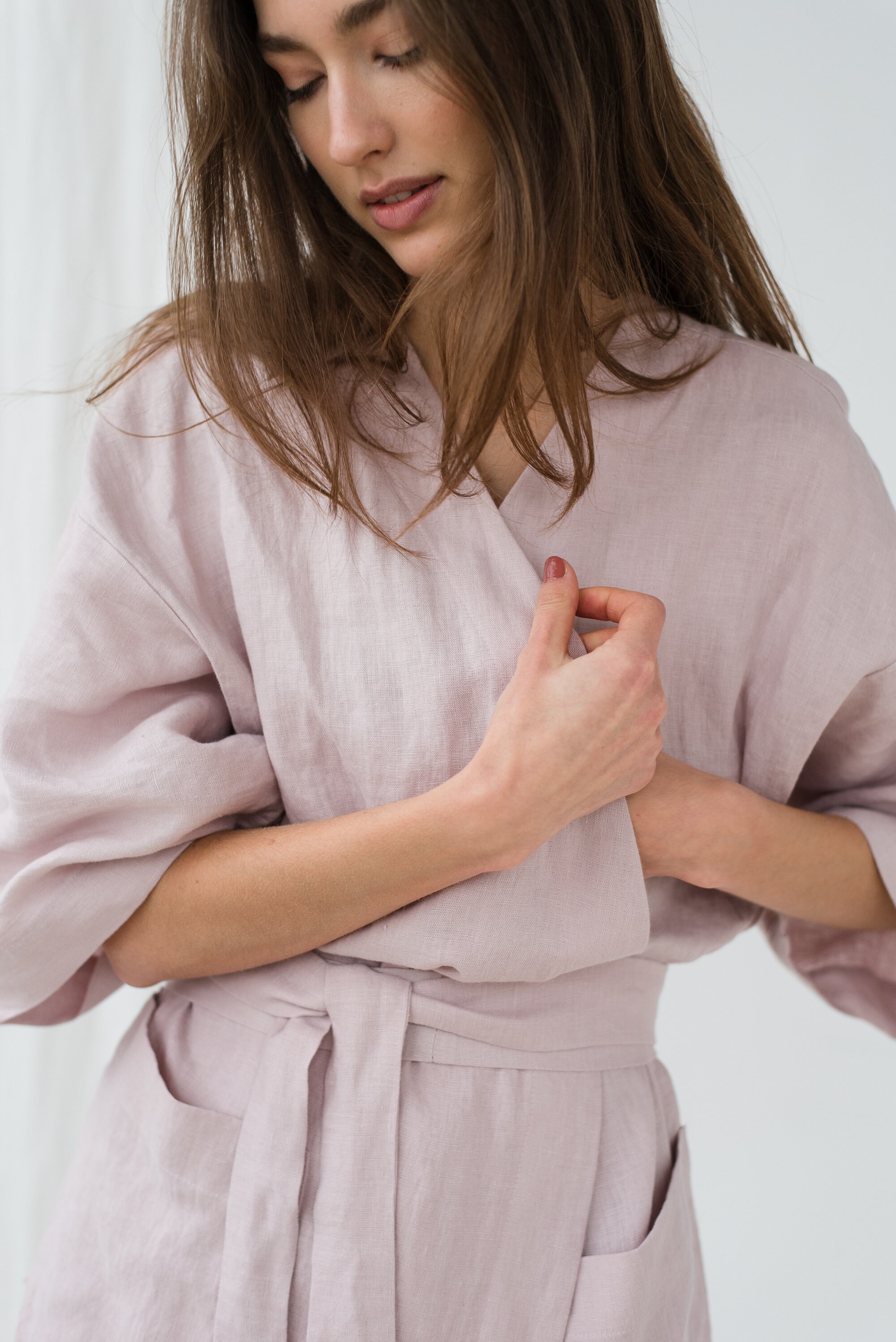 Dusty Pink Linen Bathrobe With Pocket Linen Kimono Robe | Etsy