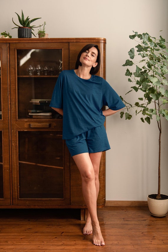 Merino Wool Pajamas for Women Wool Pyjamas Short Pajama Set Blue Thermal Set With Shorts Knit Sleepwear IRIS Top and ELLA Shorts Etsy UK