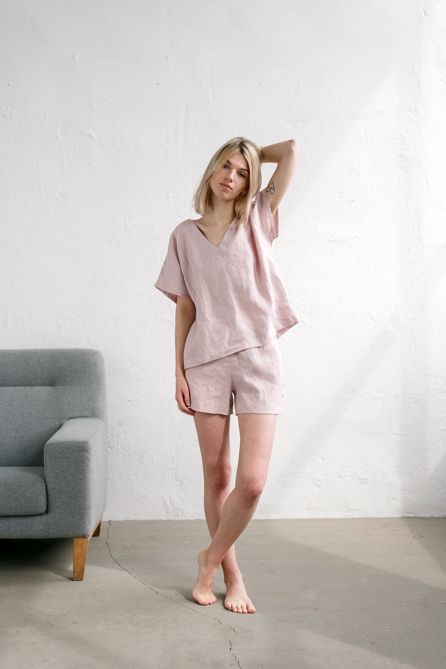 Linen Pajama Set / Sleepwear Set / Linen Pyjamas/ Linen V Neck Blouse ...