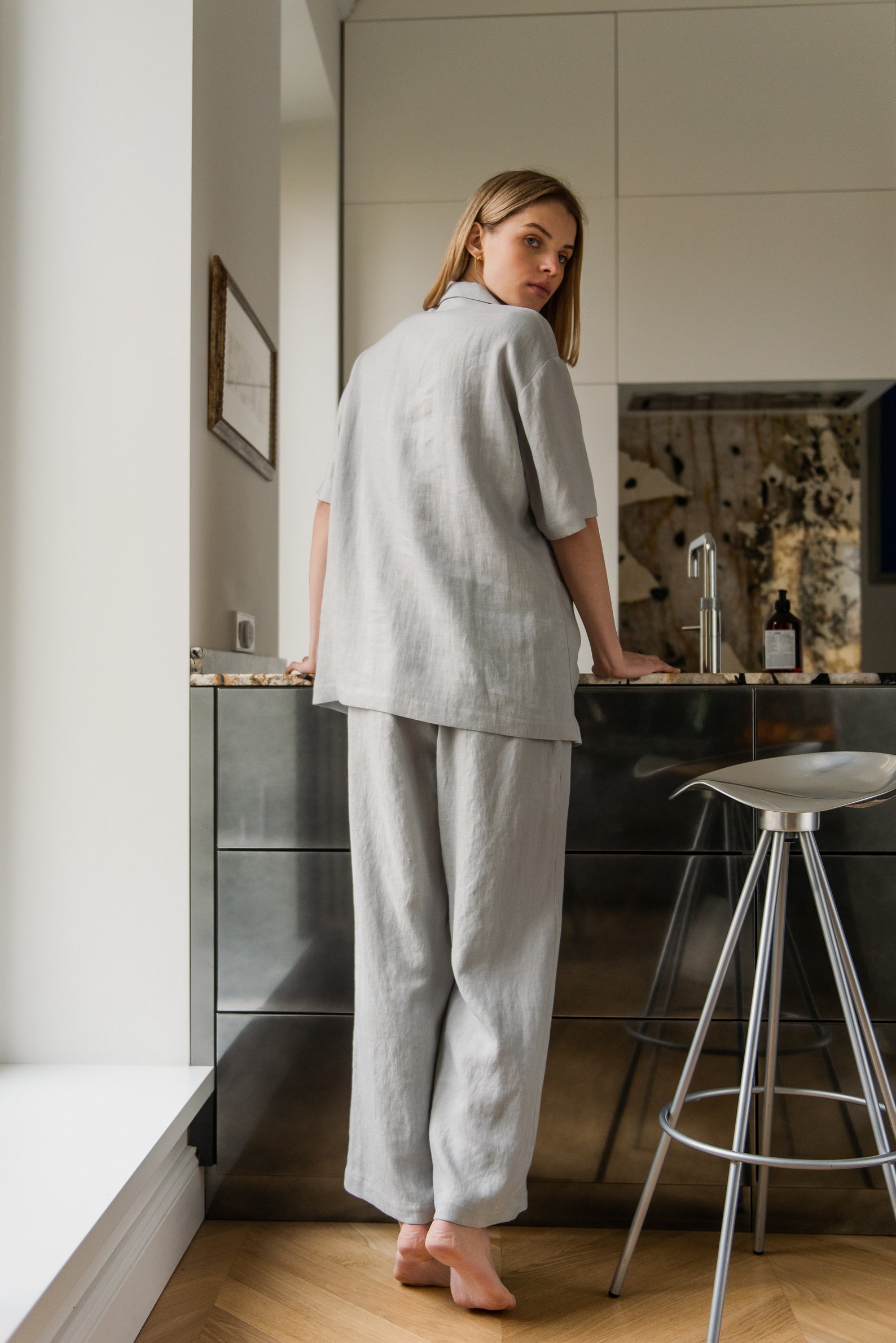 Ice Grey Pajama Set - Linen Sleepwear for Woman - Oversized Loungewear ...