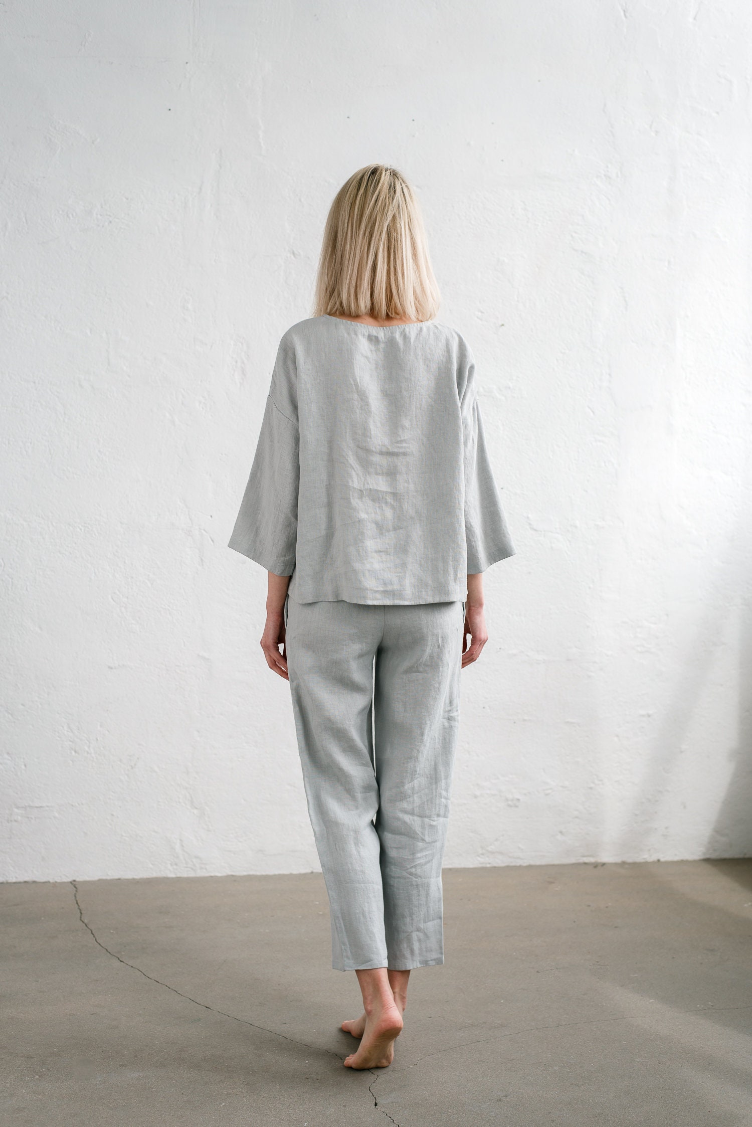 Long Sleeve Pajama Set / Linen Sleepwear / Linen Kimono Top / - Etsy