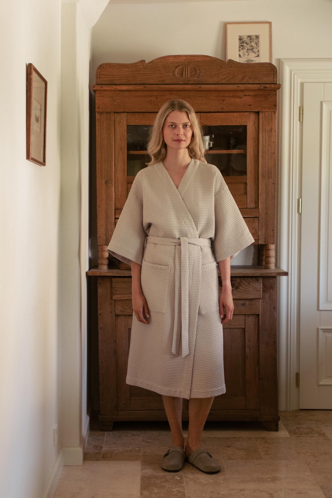 Bathrobe for Women, Waffle Robe Midi, Cotton Dressing Gown in Light ...