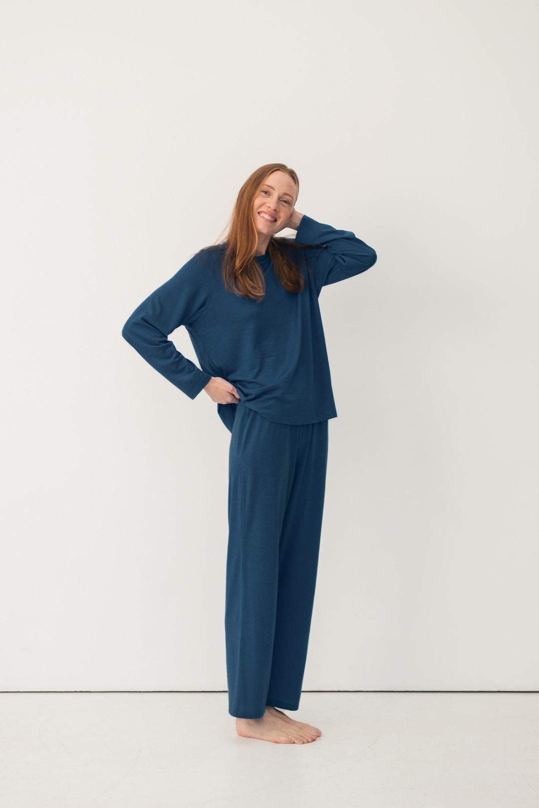 100% Merino Wool Pajamas for Women Blue Thermal Two-piece Pajama Set ...