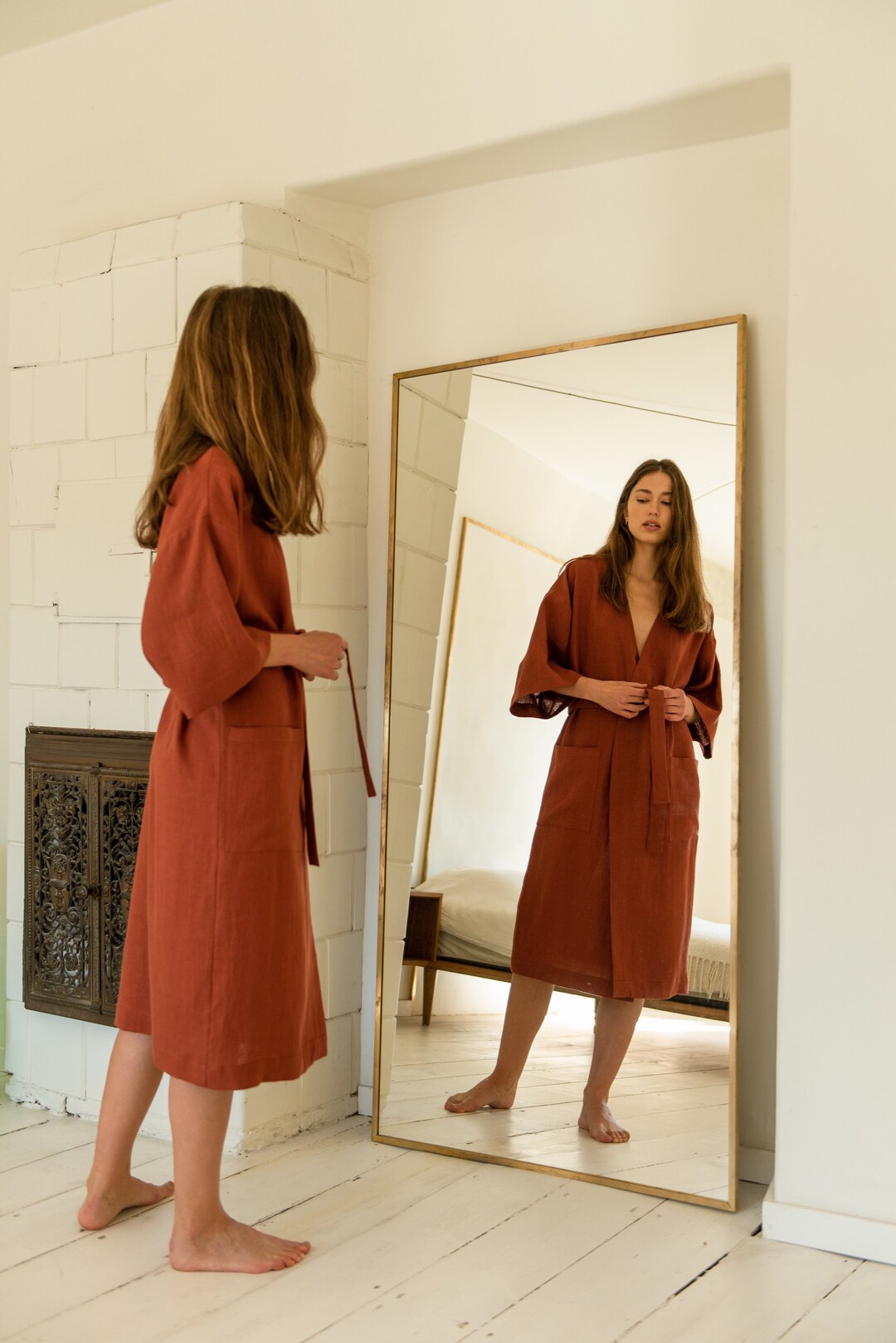 Japanese Style Robe - Linen Kimono Robe - Oversized Terracotta Robe ...