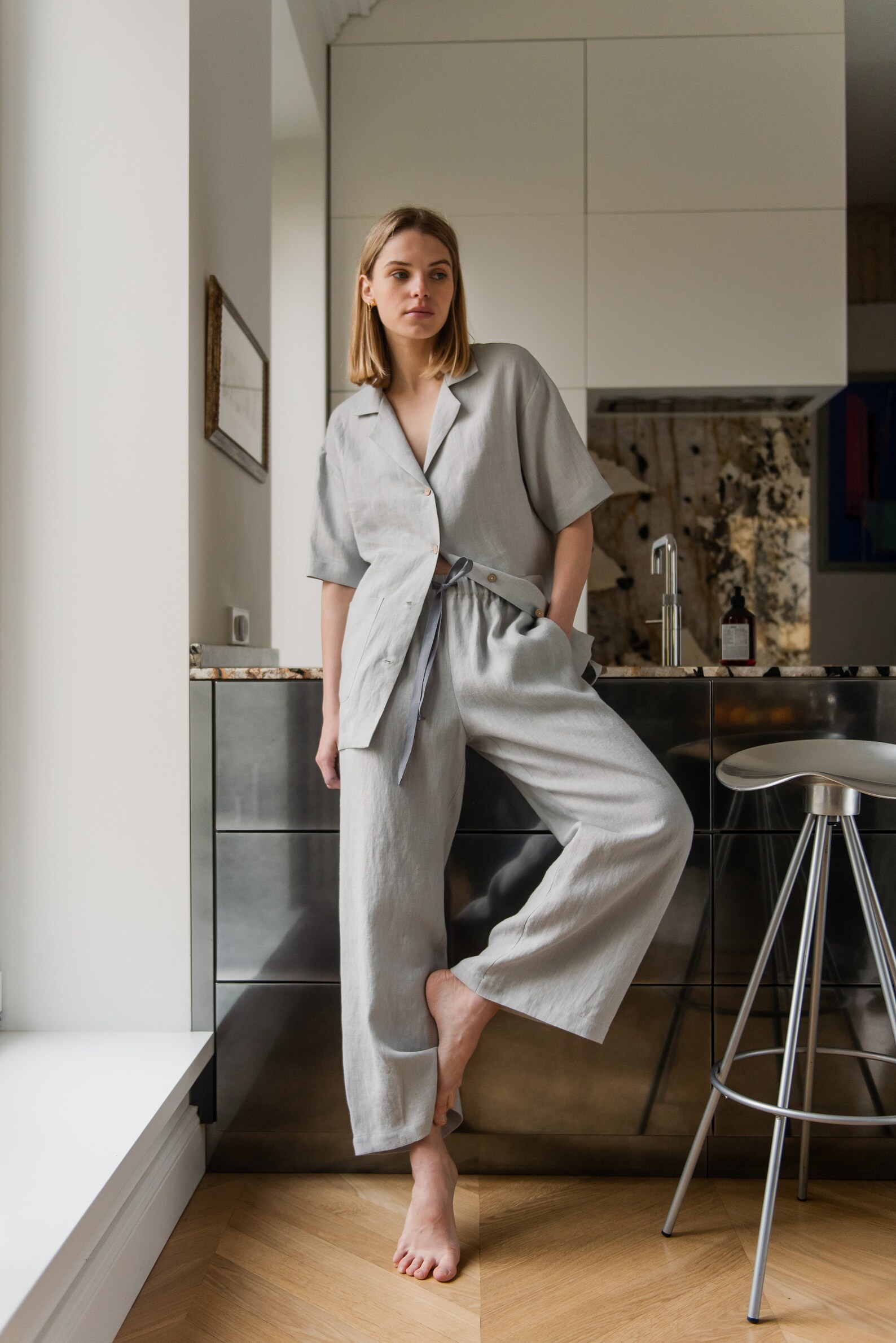 Ice Grey Pajama Set - Linen Sleepwear for Woman - Oversized Loungewear ...