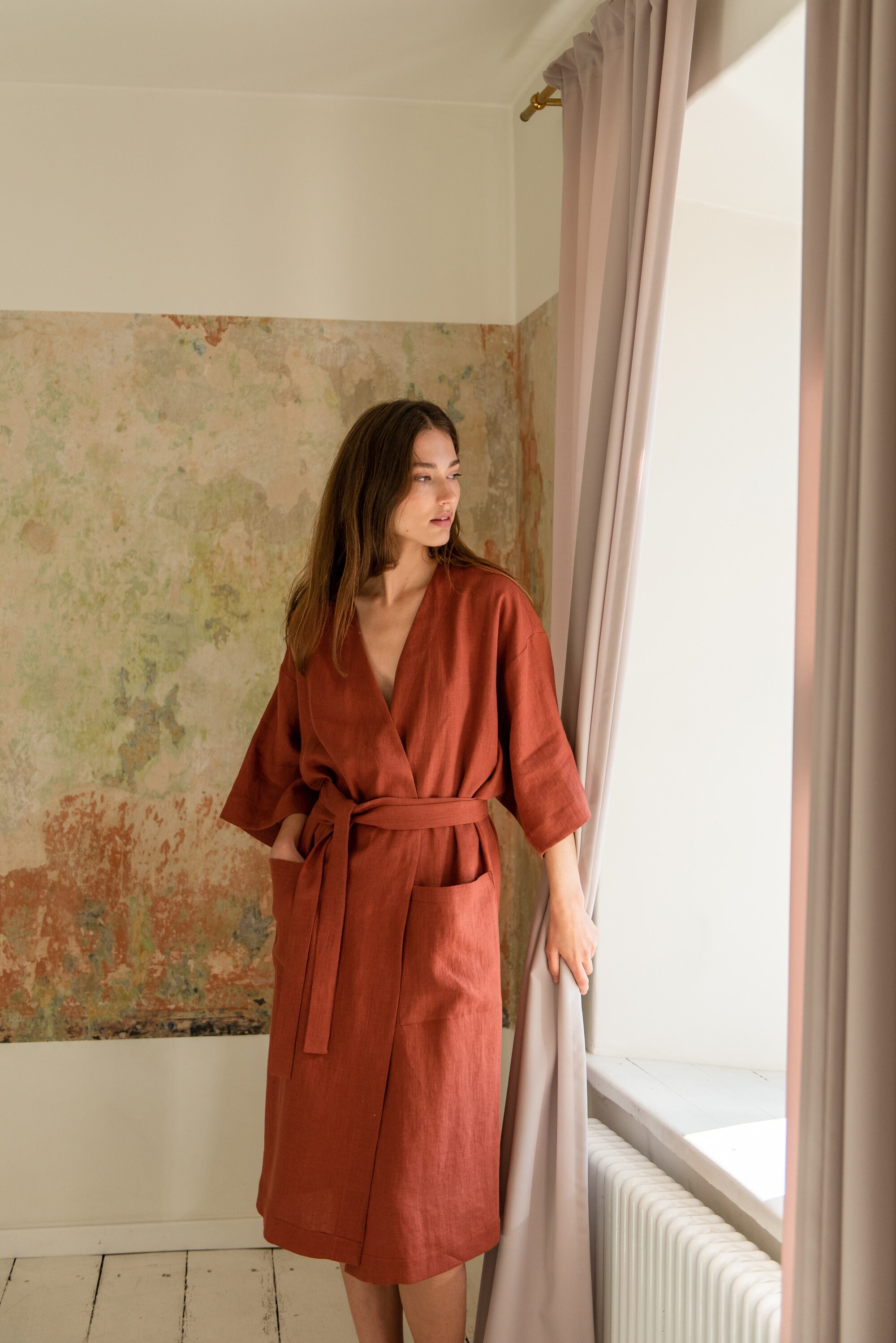 Japanese Style Robe Linen Kimono Robe Oversized Terracotta - Etsy