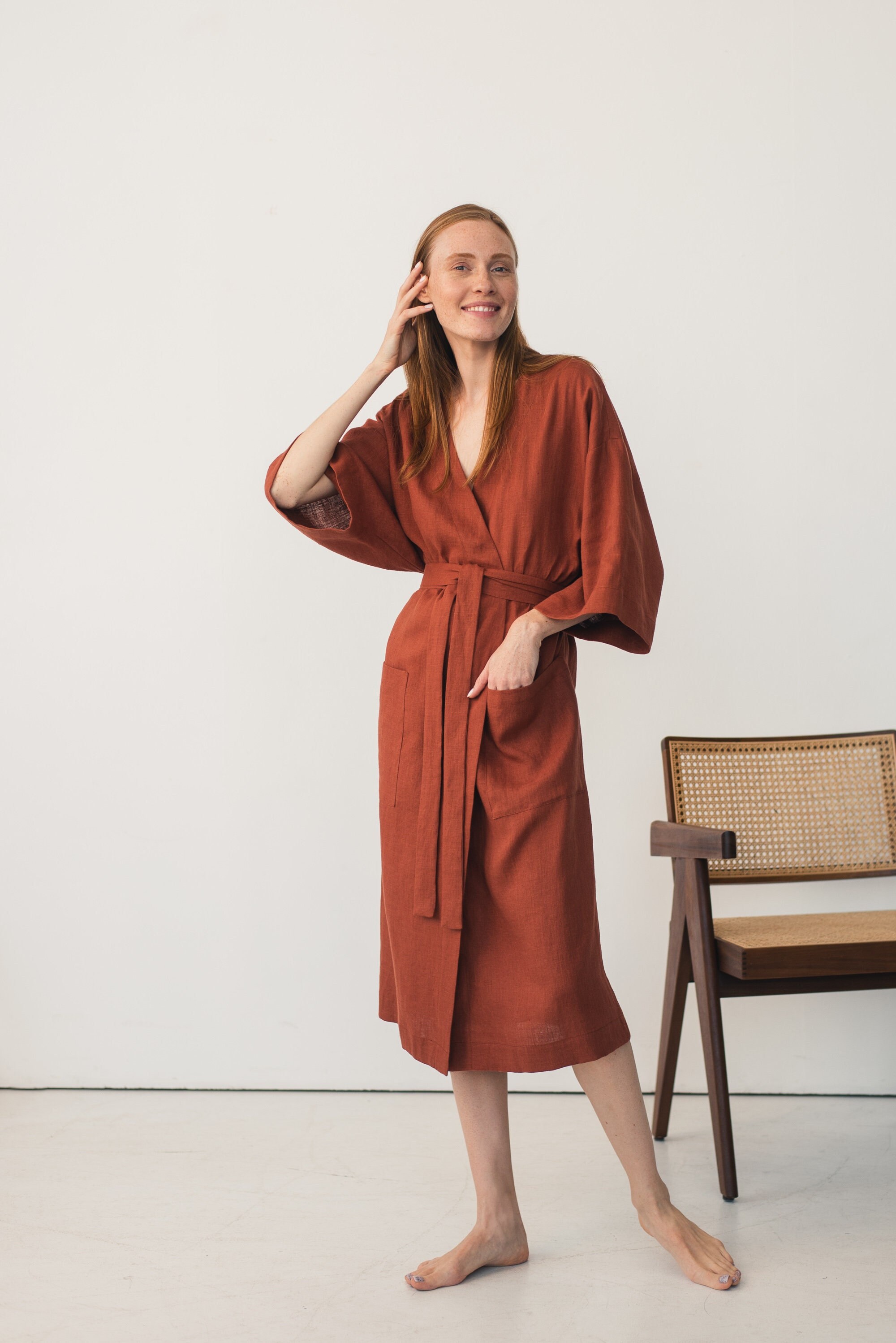 Linen Robe Kimono - Bathrobe for Women - Dressing Gown - Midi Robes ...