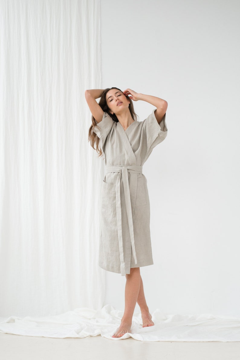 Natural Linen Robe - Linen Kimono Robe - Robe With Pocket - Linen ...