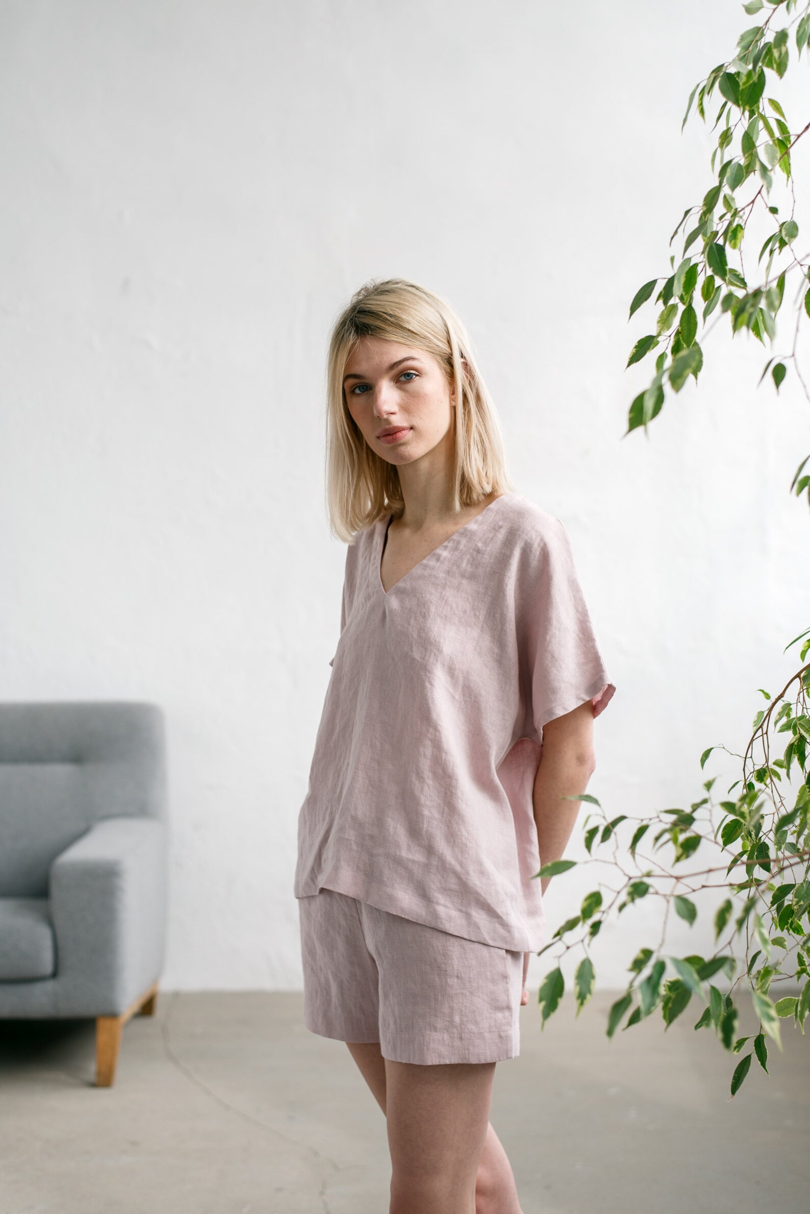 Linen Pajama Set / Sleepwear Set / Linen Pyjamas/ Linen V Neck Blouse ...