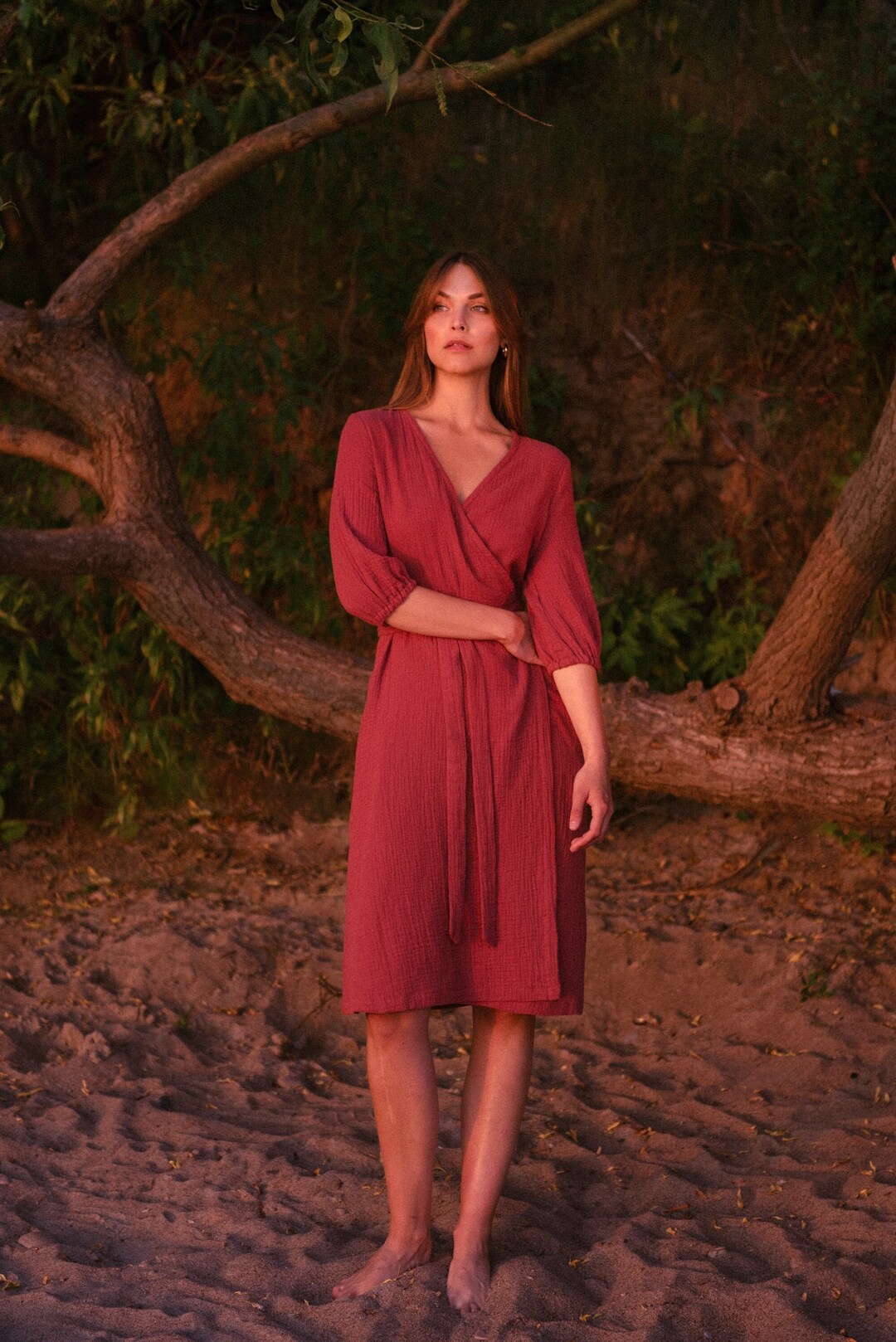 Double Gauze Wrap Dress for Women, Rouge V Neck Midi Dress, Wedding ...