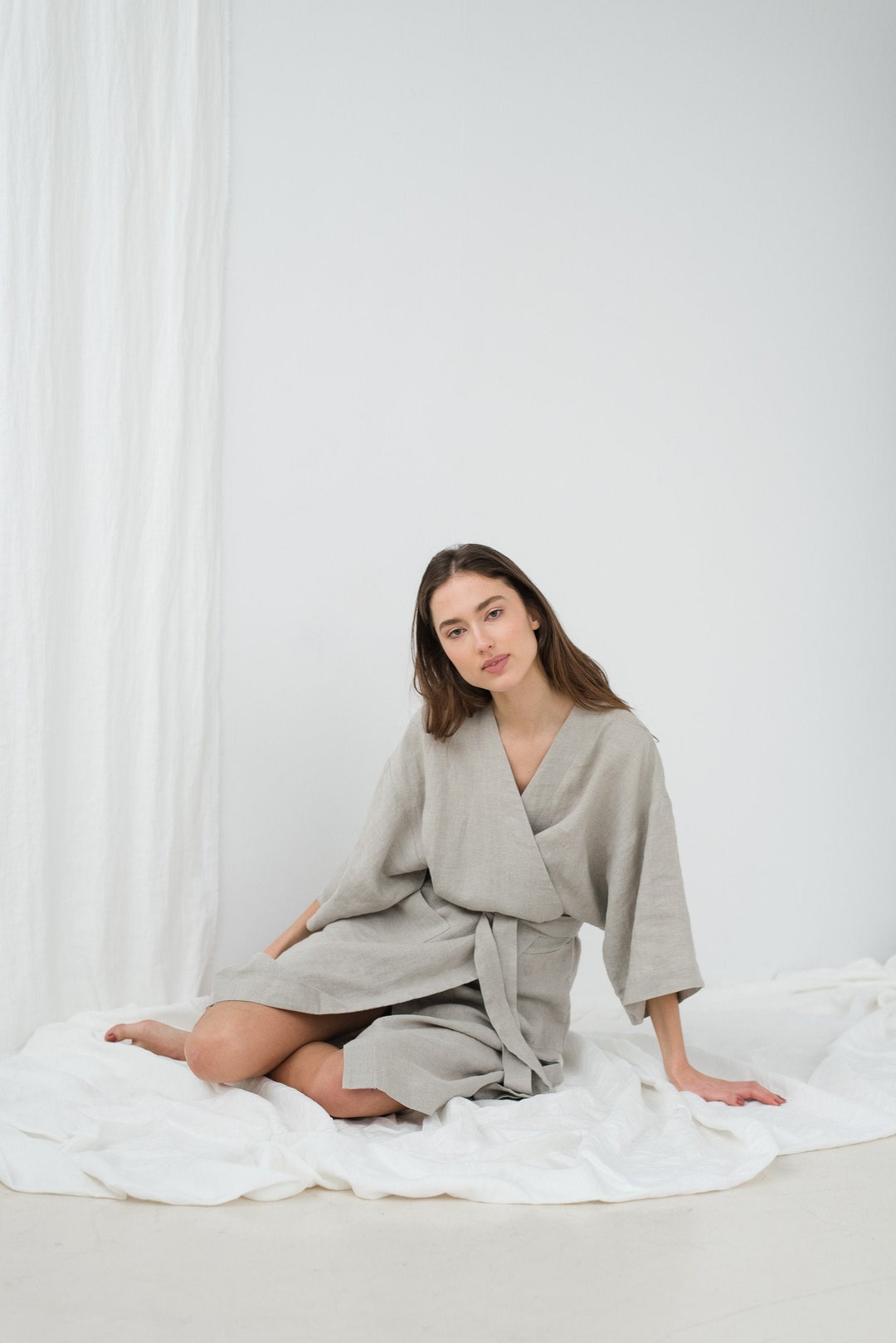 Natural Linen Robe - Linen Kimono Robe - Robe With Pocket - Linen ...