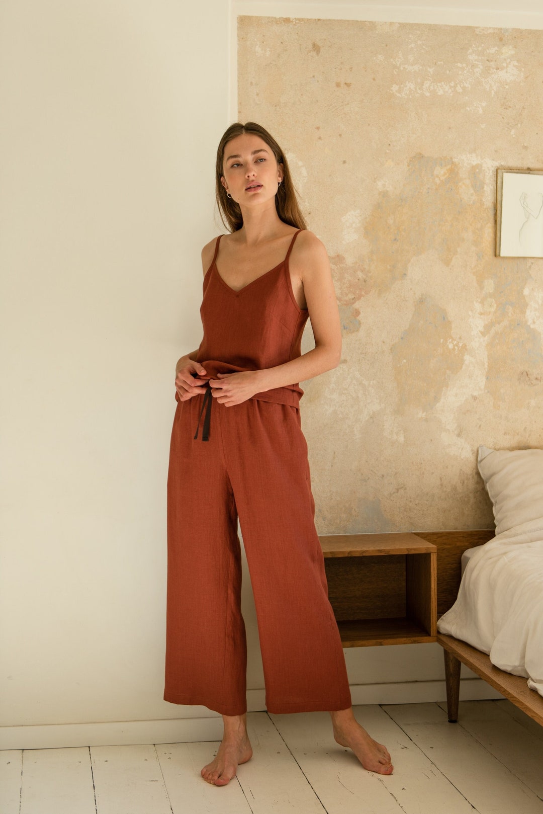Linen Cami Pajama Set - Terracotta Pajamas - Linen Pajama Set - Wide ...