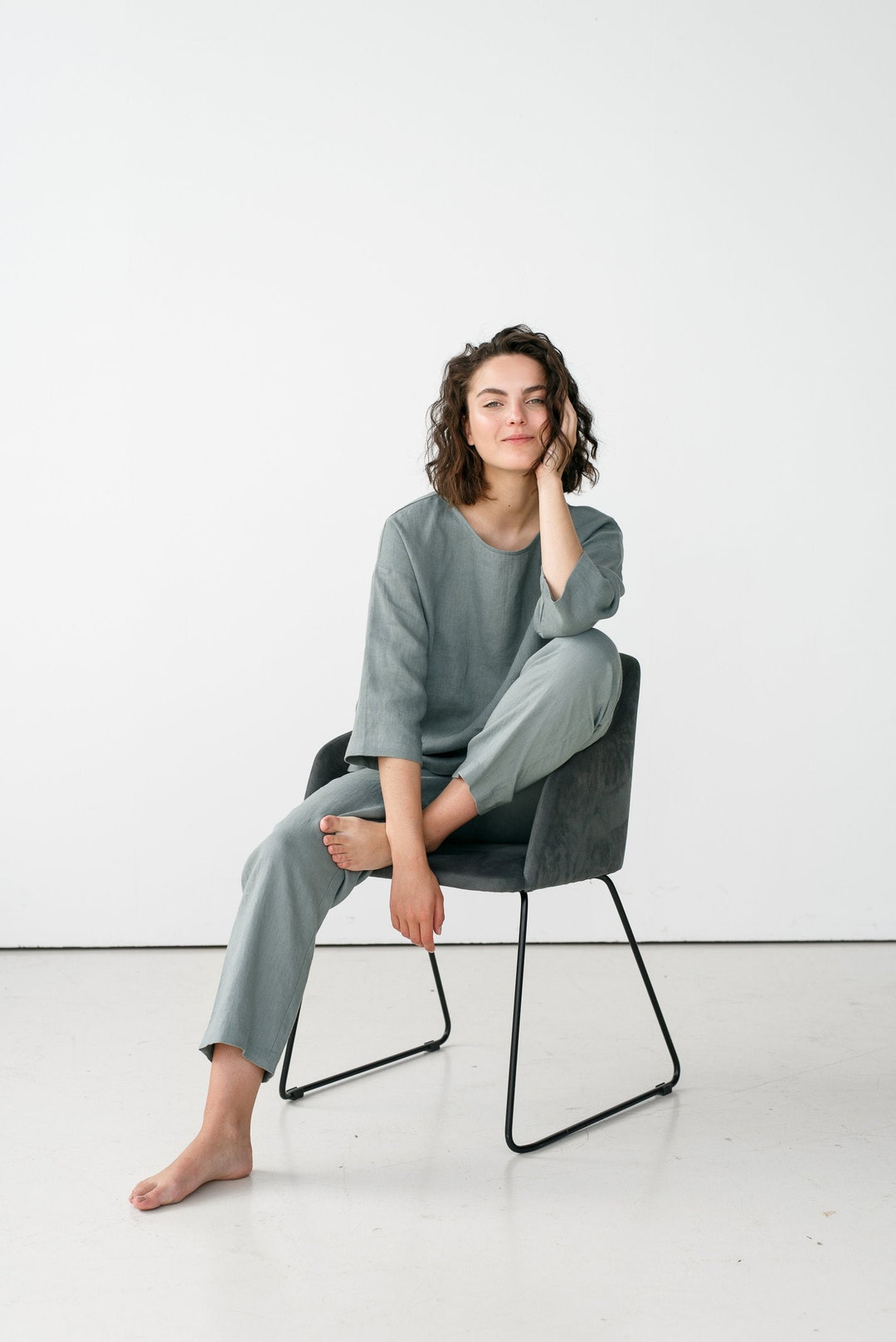 Linen Pajama Set, Grey Sleepwear for Women, Long Sleeve Pajamas, Loose ...
