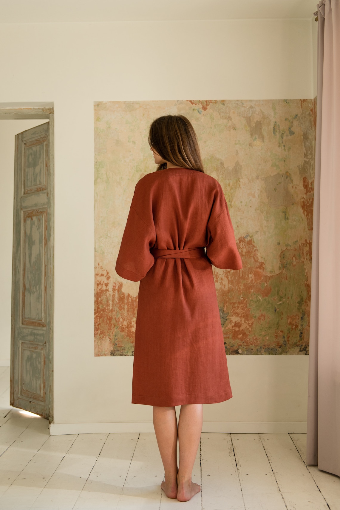 Japanese Style Robe Linen Kimono Robe Oversized Terracotta | Etsy