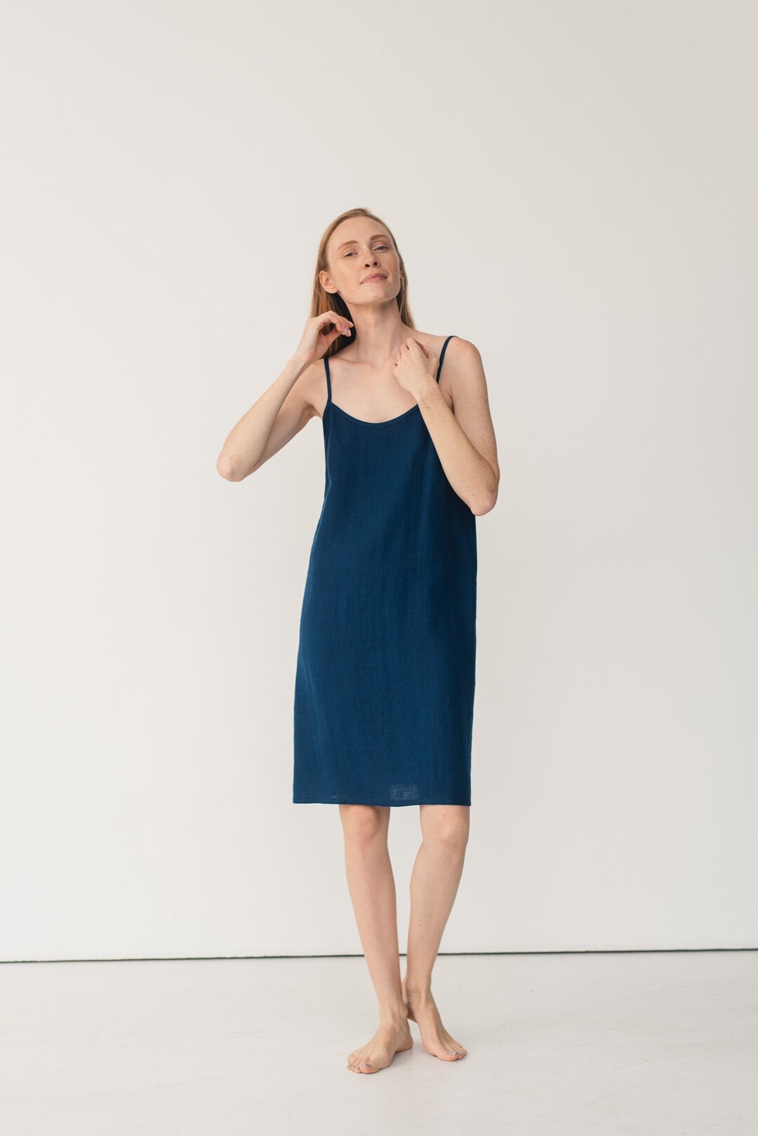 Linen Slip Dress Navy Blue, Sleeveless Sundress, Midi Summer Dress, 90s ...