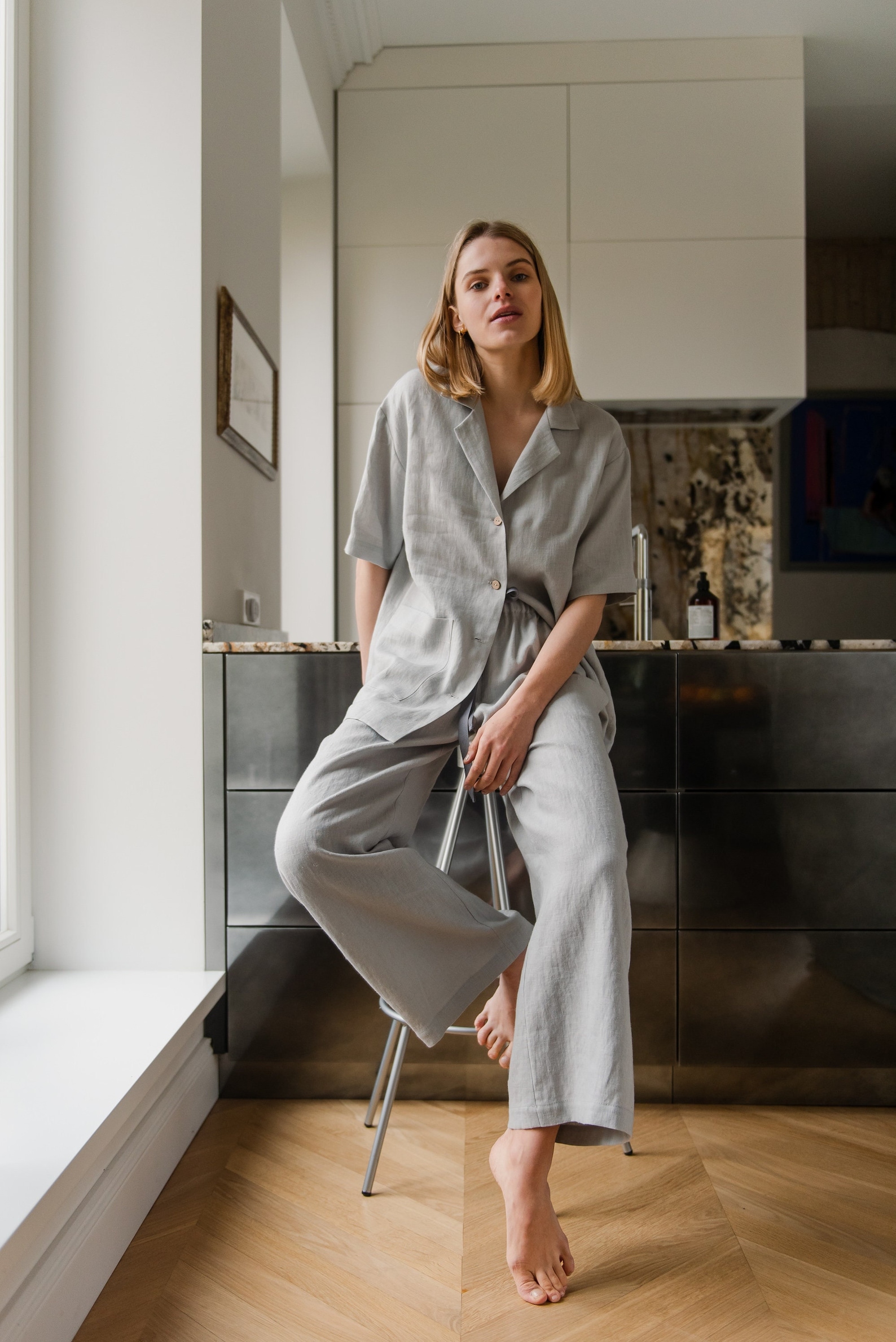 Ice Grey Pajama Set - Linen Sleepwear for Woman - Oversized Loungewear ...
