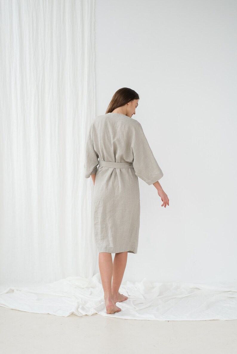 Natural Linen Robe - Linen Kimono Robe - Robe With Pocket - Linen ...