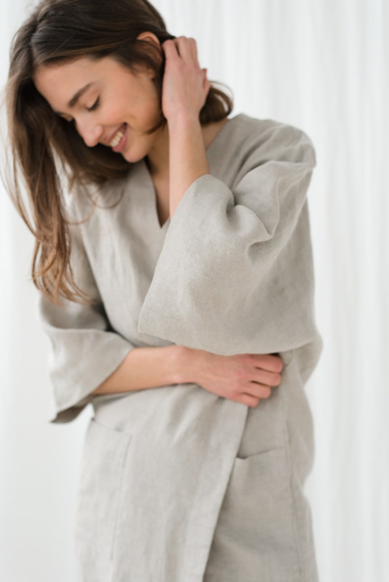 Natural Linen Robe - Linen Kimono Robe - Robe With Pocket - Linen ...