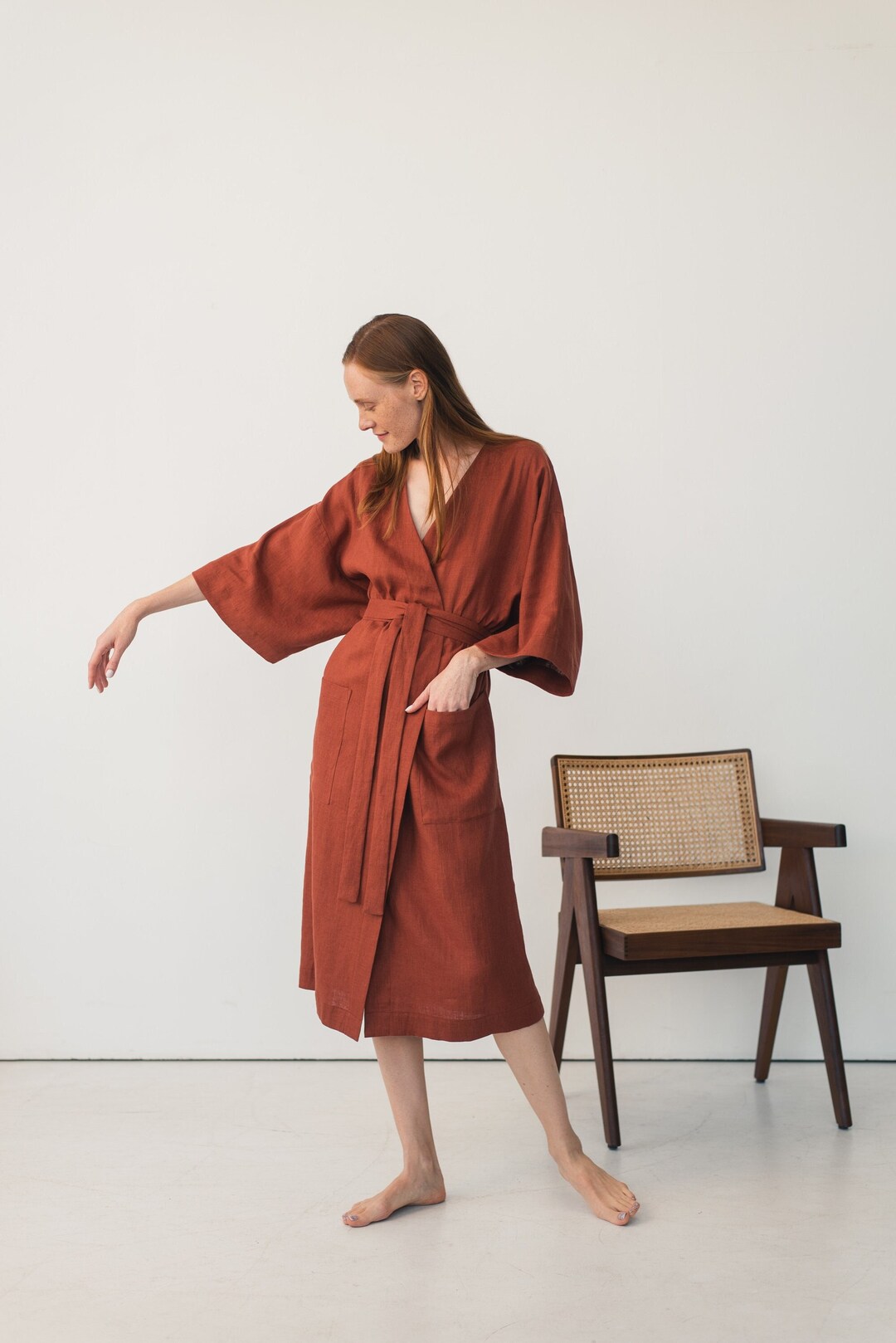 Linen Robe Kimono Bathrobe for Women Dressing Gown Midi Robes ...