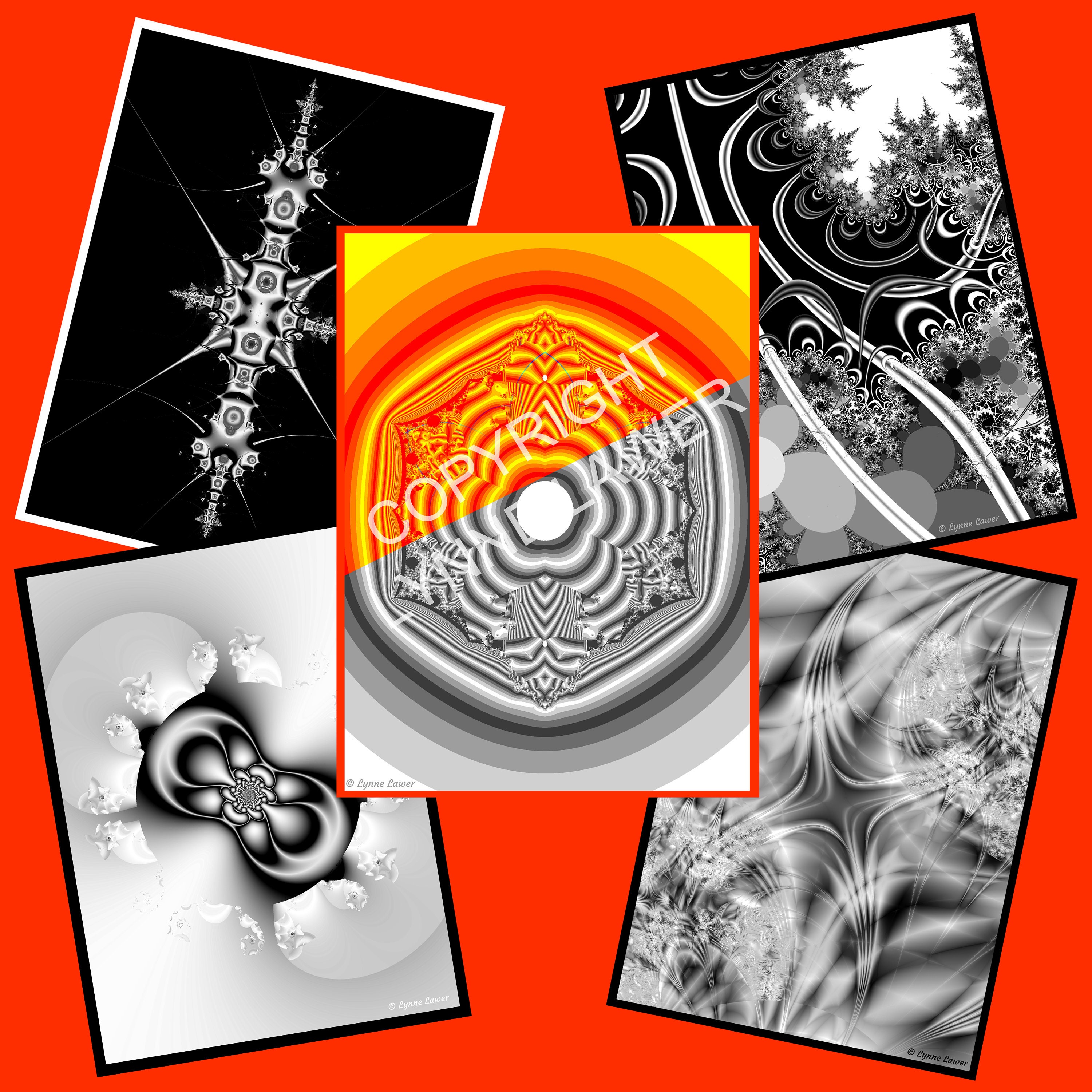 Flower in Hexagon Printable Greyscale Fractals | 5 Different Fractals ...