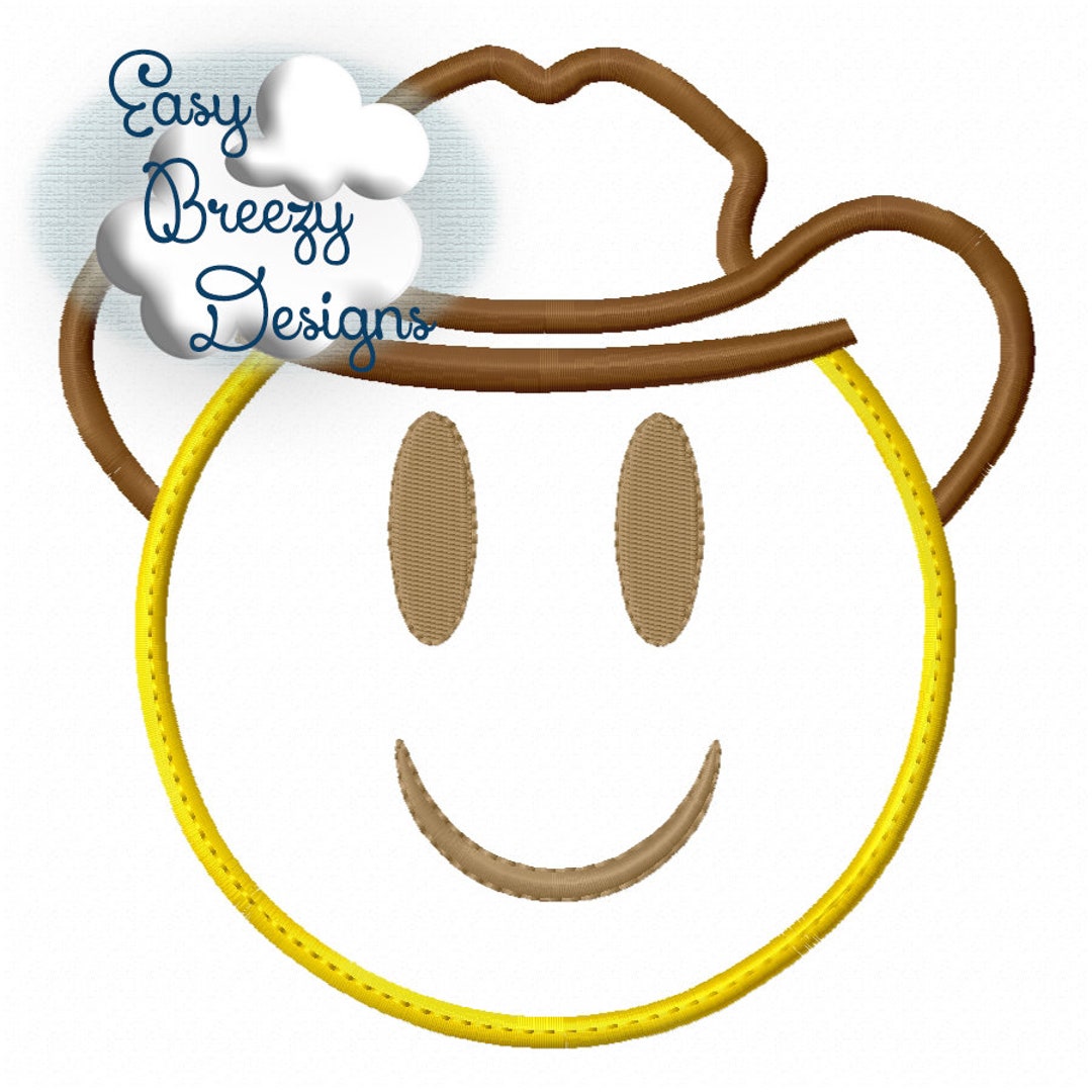 Emoji Smiling Cowboy, Smiley Face Applique Design - Embroidery File ...