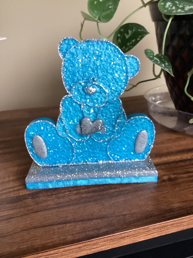 Handmade LIGHT UP Blue Teddy Bear on Stand Home Decor - Etsy