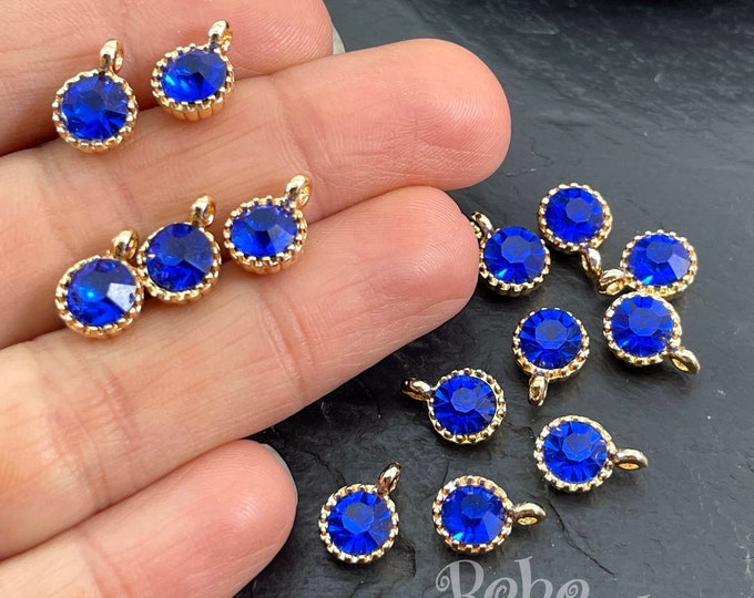 Gold Plated Sapphire Blue Crystal Drop Charms, Round Rhinestone Charms ...