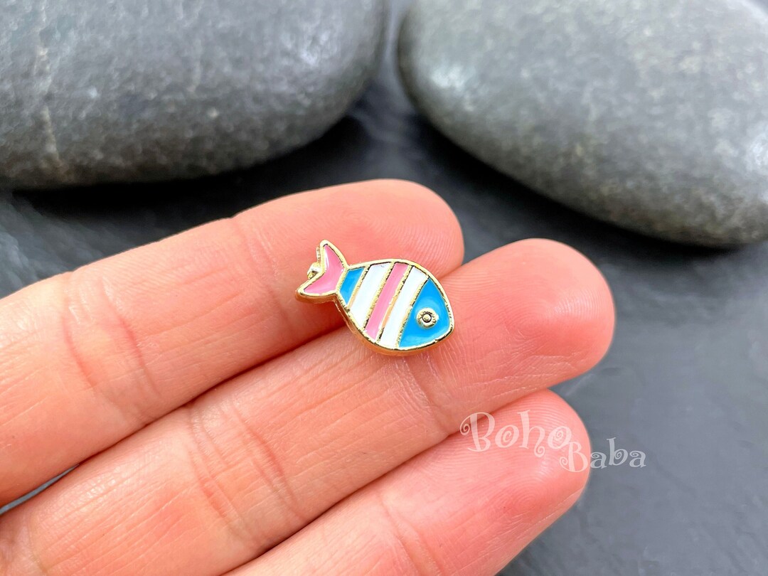 Shiny Gold Plated Fish Charms, Enamelled Rainbow Pink Blue Fish Spacer ...