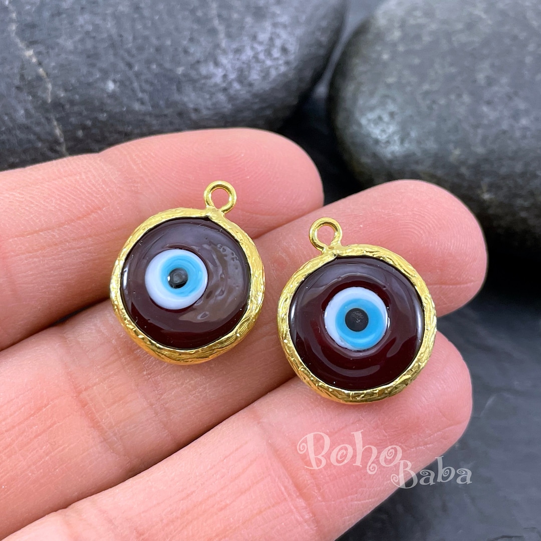 Gold Plated Handmade Murano Evil Eye Charm, Dark Red Glass Evil Eye ...