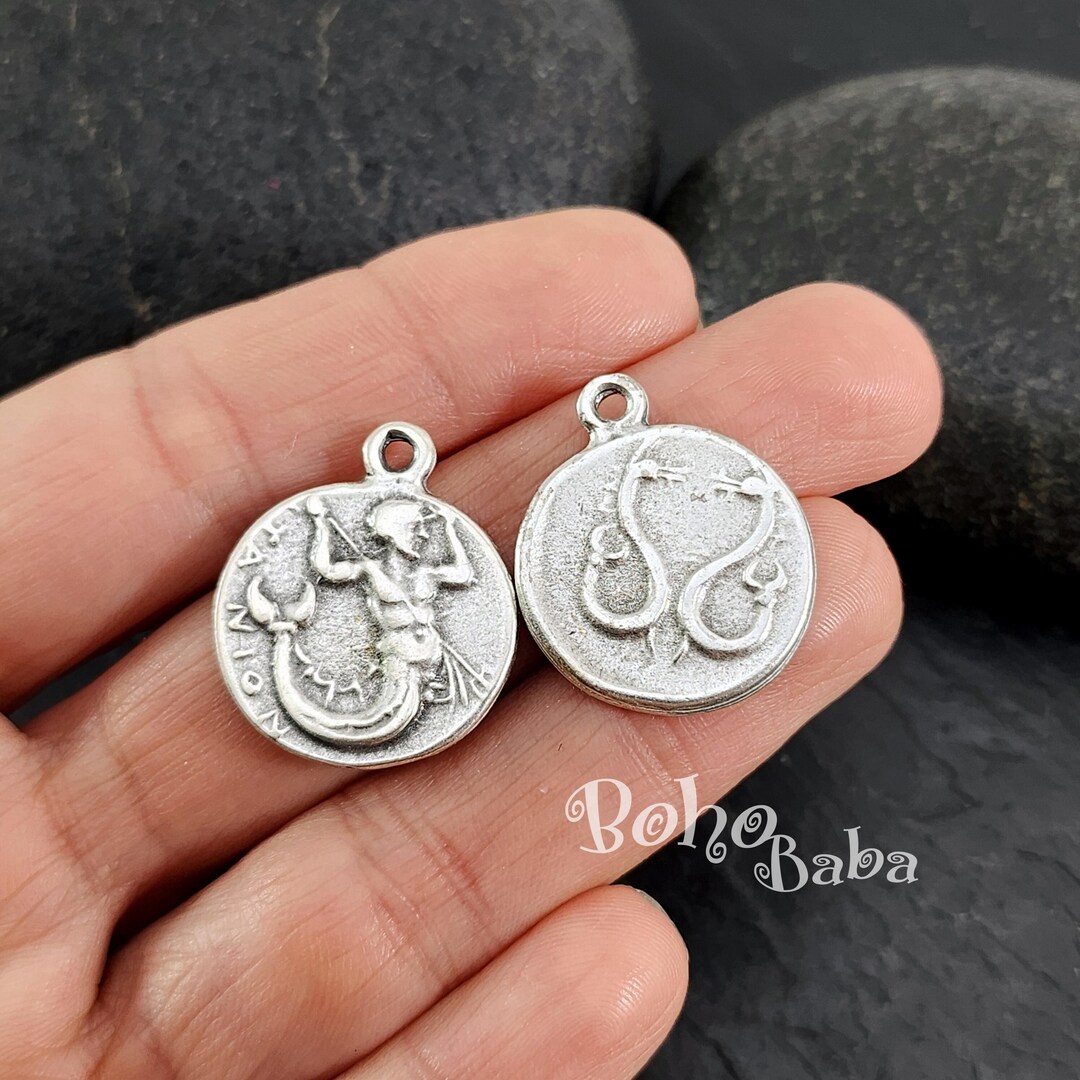 Antique Silver Plated Ancient Greek Coin Charm, Greek Coin Medallion ...