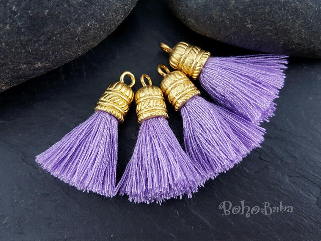 Lavender Purple Cotton Tassels, Mini Boho Tassels, Gold Tassel Jewelry ...