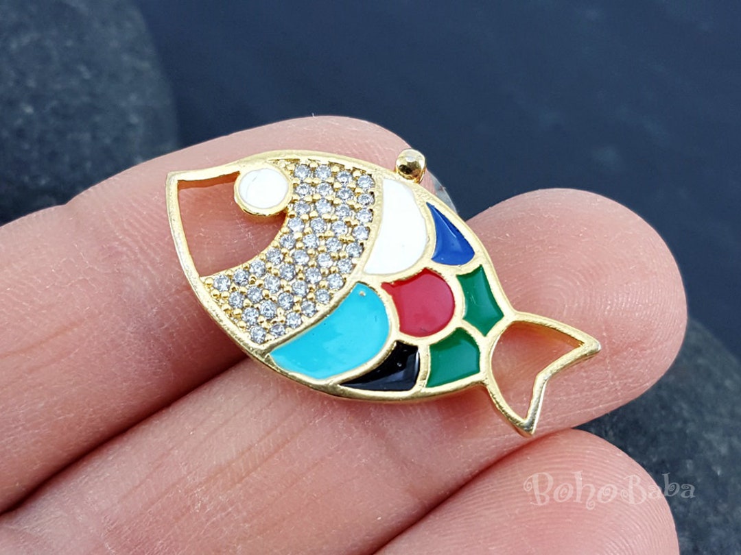 Gold Plated Fish Charms, Zirconia Pave Fish Pendant, Micro Pave Fish ...