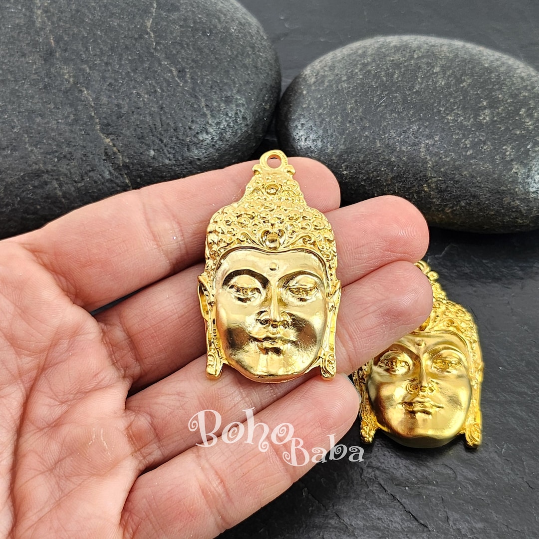 Large Gold Buddha Pendant, Gold Buddha Face Charm, Tibetan Jewelry ...