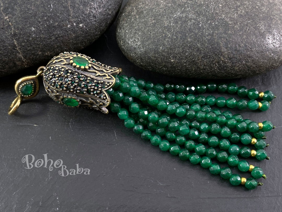 Tassel Necklace, Emerald Green Jade Beaded Tassel, Rustic Tassel ...
