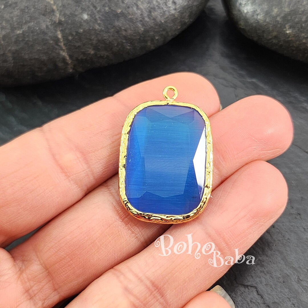 Topaz Blue Crystal Rectangle Cats Eye Charm With Gold Plated Hammered ...
