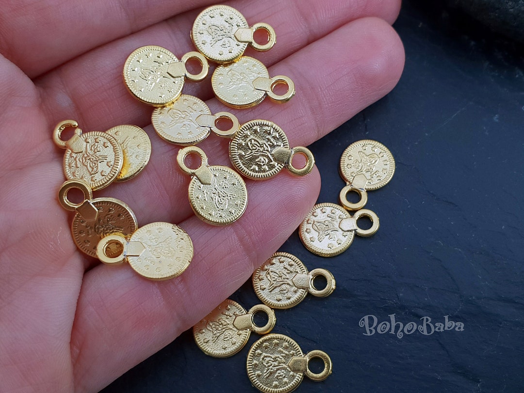 Mini Gold Coin Charms, Turkish Coin Charms, Rustic Coin Findings ...