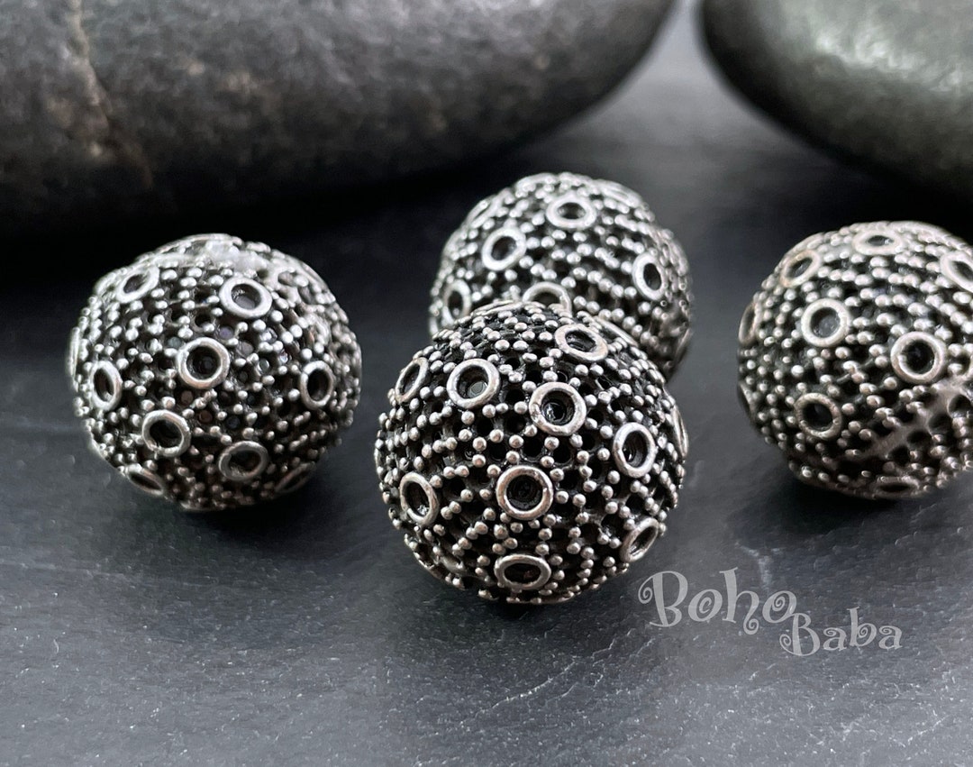 Large Silver Ball Bead, Large Round Beads, Filigree Ball Beads, Silver ...