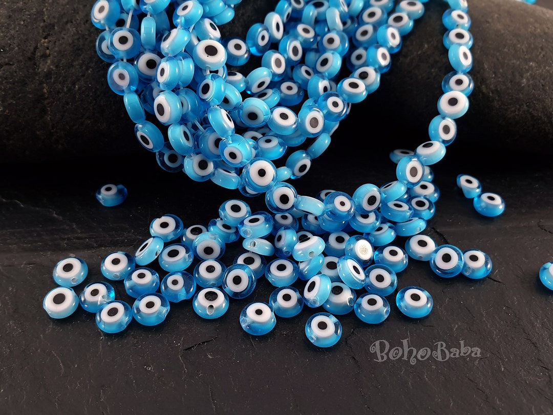 Blue Evil Eye Beads, 6mm Glass Beads, Evil Eye Beads, Flat Round Evil ...