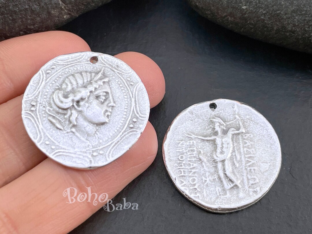Silver Greek Coin Pendant, Silver Greek Coin Charm, Large Coin Pendant ...