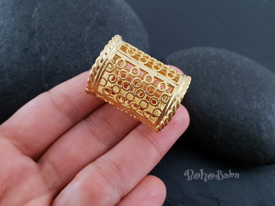 Large Gold Tube Bead, Fretwork Tube Bead, Gold Spacer Beads, Large Hole ...