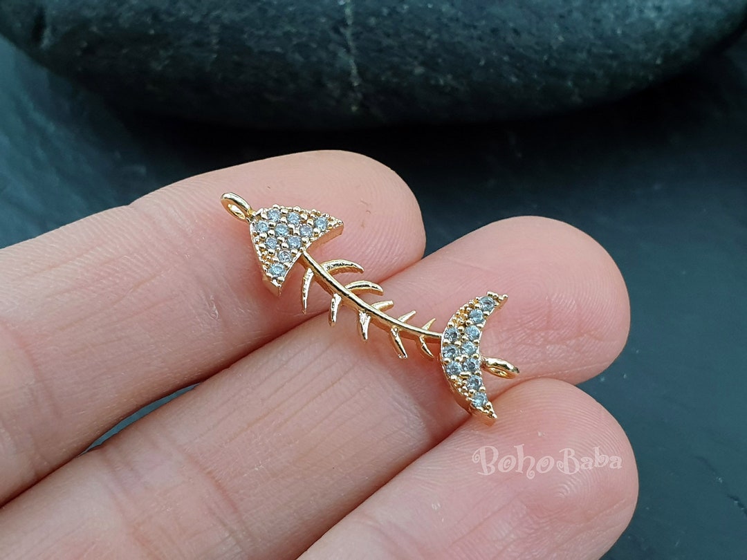 Gold Fishbone Charm, Micro Pave Fishbone Charm, Cubic Zirconium ...